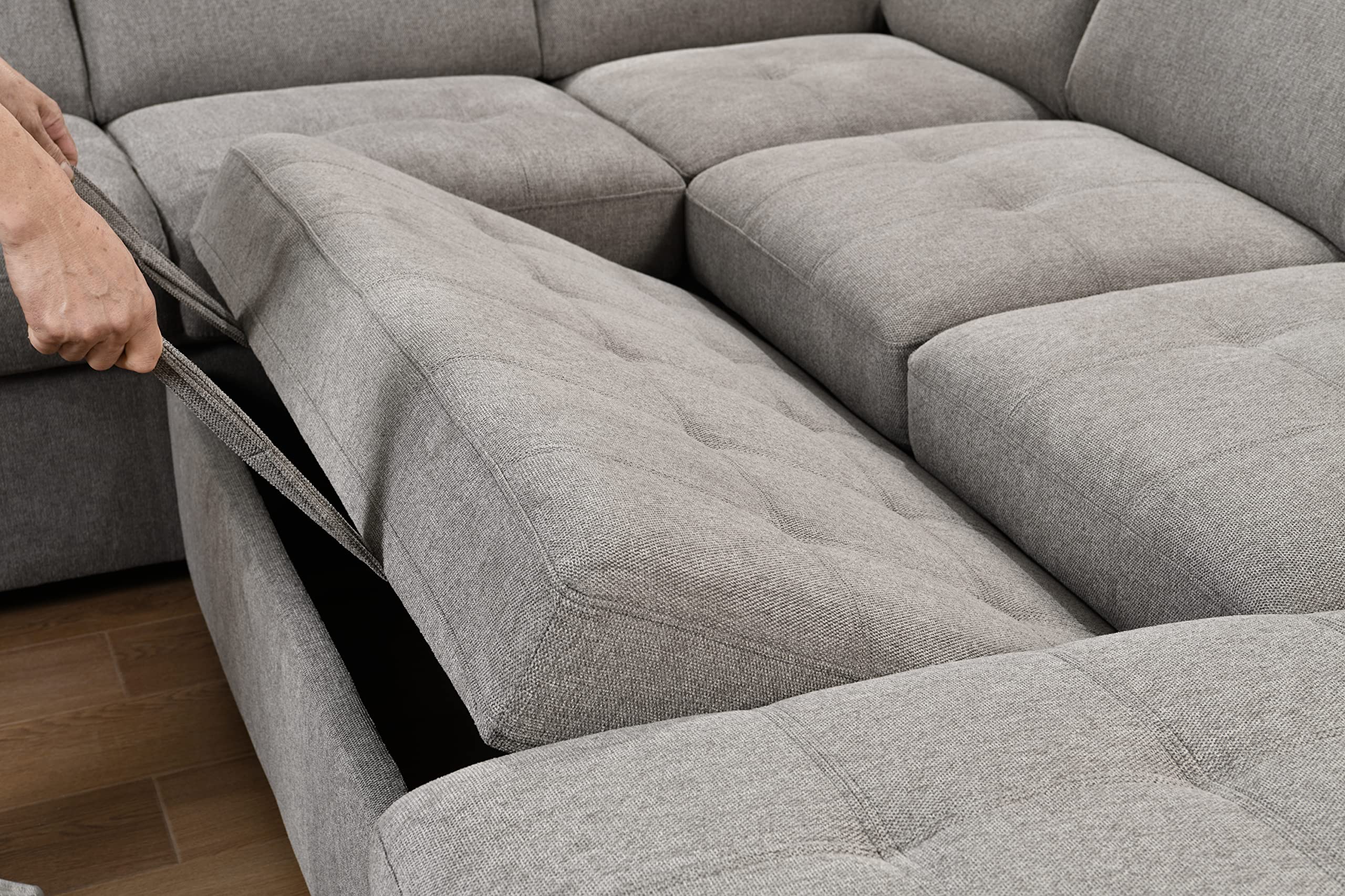 Eafurn 125'' U-Shaped Sectional Sleeper Right Storage Chaise Lounge and Pull Out Bed, 7-Seater Tufted Seat Oversized Sofa & Couches with Adjustable Headrest for Living Room, Light Gray