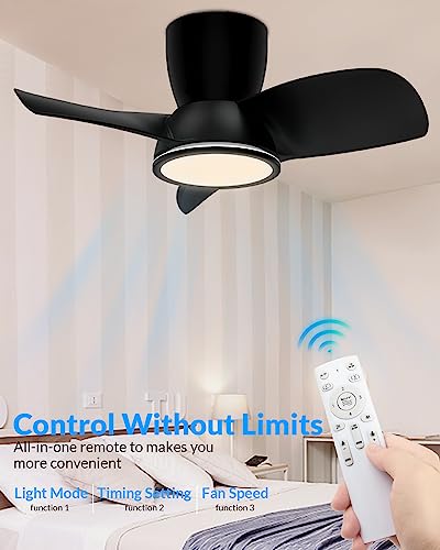 Ceiling Fan with Lights and Remote,30” Flush Mount Ceiling Fans Large Air Volume,4 Speeds,Reversible,Timer,Dimmable LED Lights,Super Quiet Low Profile Ceiling Fan with light for Bedroom Kitchen Patio.