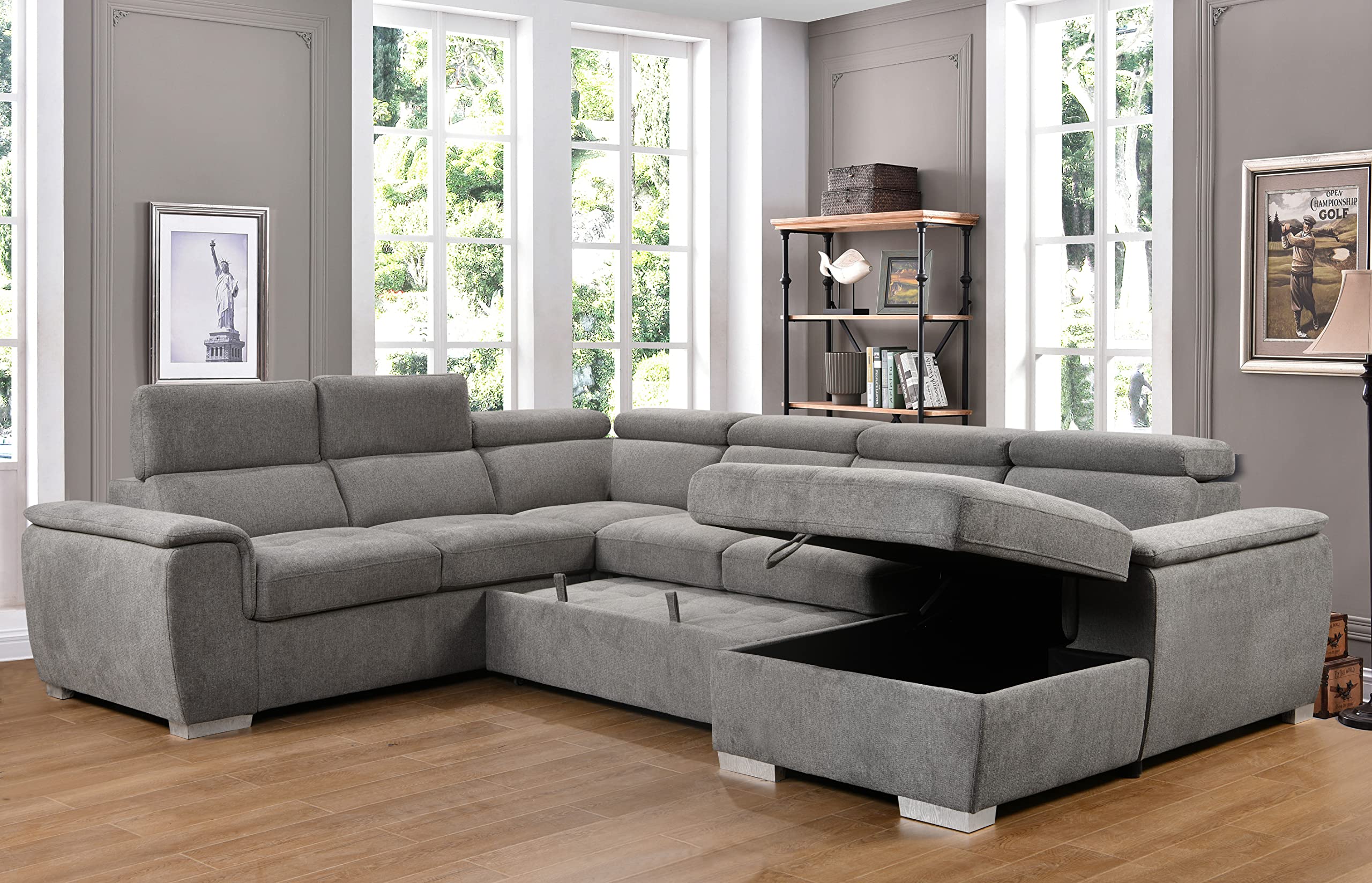 Eafurn 125'' U-Shaped Sectional Sleeper Right Storage Chaise Lounge and Pull Out Bed, 7-Seater Tufted Seat Oversized Sofa & Couches with Adjustable Headrest for Living Room, Light Gray