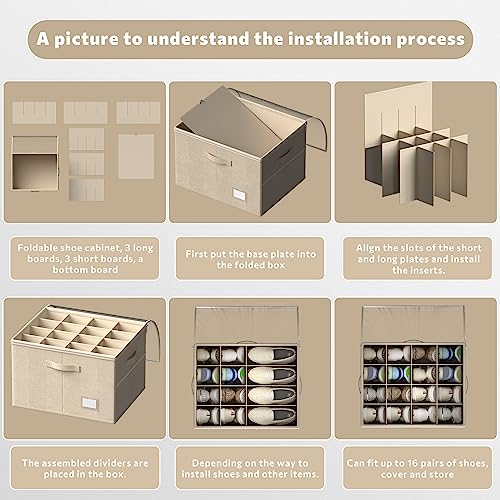 FHSQX Shoe Organizer for Closet,Fits 12 Pair,Shoe Storage Bins with Clear Cover & Adjustable Dividers for Shoes,Shoe Box Storage for Handbags,Blankets,Linen,Clothing (Beige, (19.7 * 15.7 * 12.9) x1)