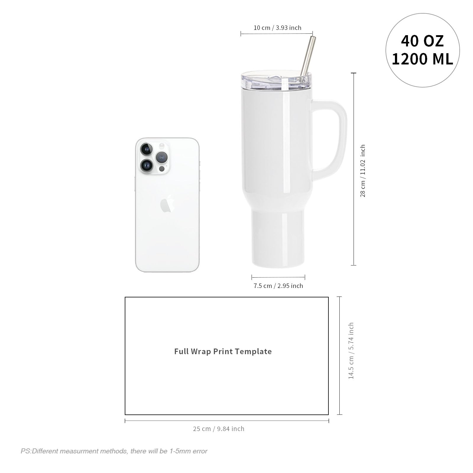PYD Life 40 OZ Sublimation Tumblers with Removable Handle and Straw Lid Blanks White for 40 OZ Tumbler Heat Press Sublimation Oven Printing 2 Pack