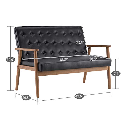 EPOFIT Modern Solid Wood Loveseat Sofa, Upholstered Faux Leather Love Seat, Small Couch 2 Seater with Wooden Arm for Living Room, Bedroom, Small Spaces, Office, Black