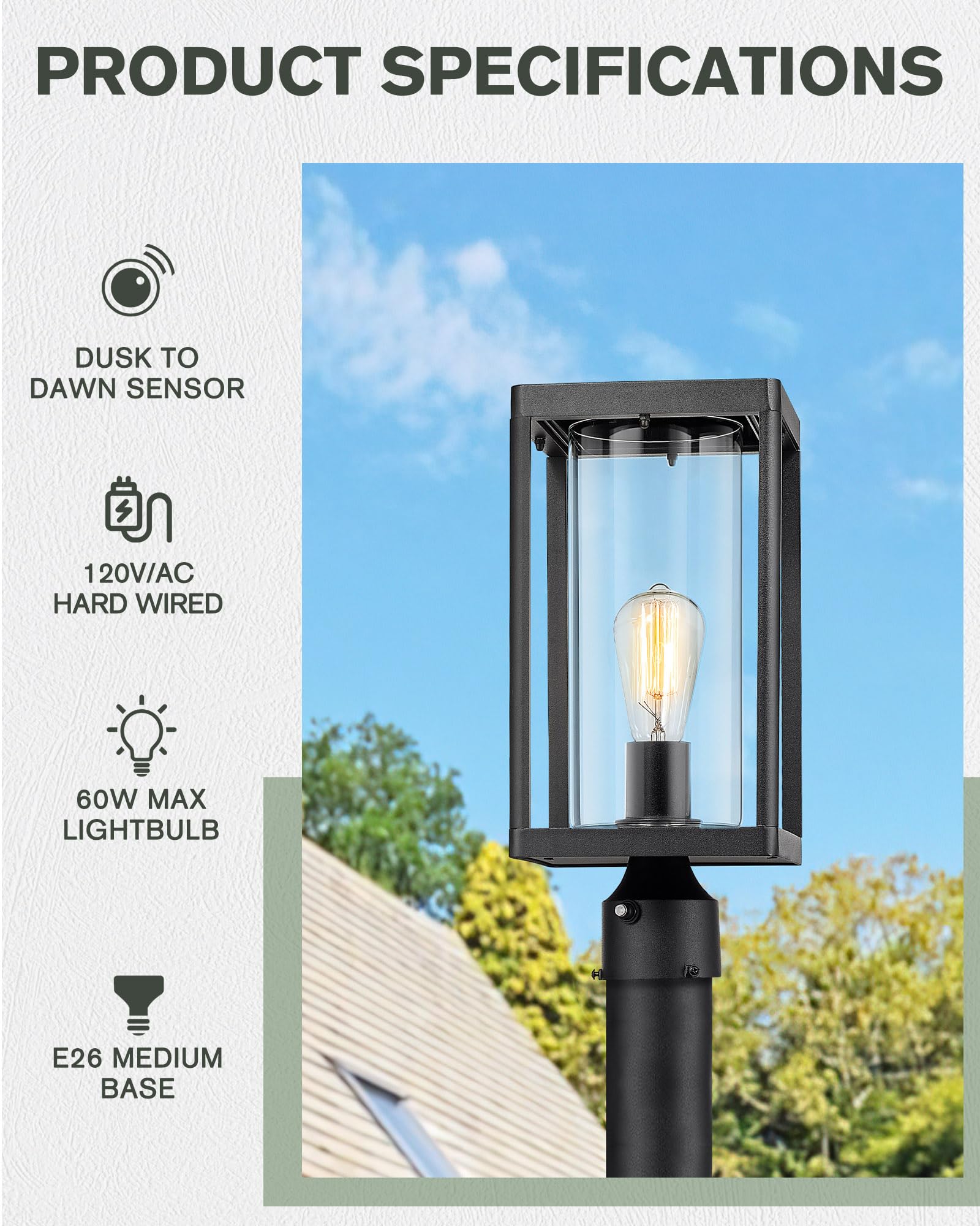 Beionxii Outdoor Post Lights, Dusk to Dawn Large Lamp Post Light Fixture, Black Cast Aluminum w/Clear Cylinder Glass (20" x 7") - A291P-1PK/S