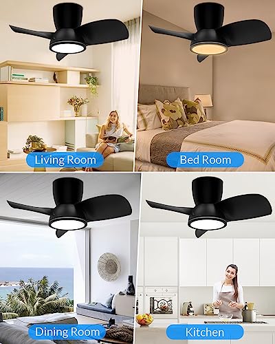 Ceiling Fan with Lights and Remote,30” Flush Mount Ceiling Fans Large Air Volume,4 Speeds,Reversible,Timer,Dimmable LED Lights,Super Quiet Low Profile Ceiling Fan with light for Bedroom Kitchen Patio.