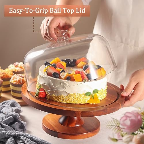 Wehome Cake Stand with Dome,Acacia Wood Cake Stand with Acrylic Lid,Footed Cake Stand Cake Pedestal Stand with Cover,Cake Plate Cake Holder Cake Displaying Stand(Large)
