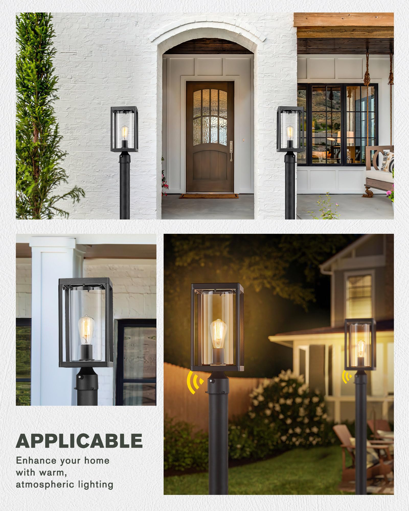 Beionxii Outdoor Post Lights, Dusk to Dawn Large Lamp Post Light Fixture, Black Cast Aluminum w/Clear Cylinder Glass (20" x 7") - A291P-1PK/S