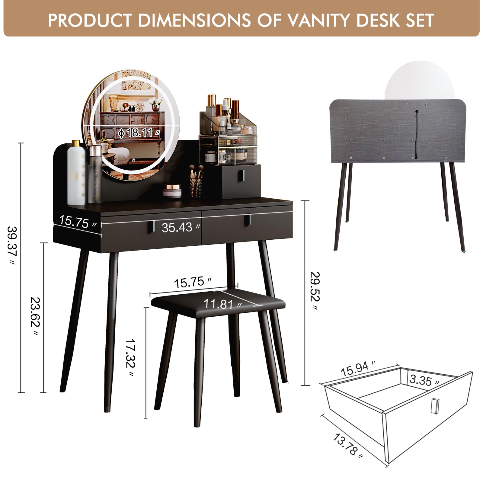 DOLILO 35" Vanity Desk with Mirror and Lights, Makeup Vanity with Lights, 3 Modes Brightness Adjustable, Vanity Mirror with Lights and Table Set with Vanity Stool 3 Sliding Drawers (Black)