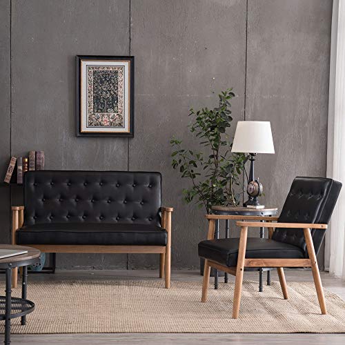 EPOFIT Modern Solid Wood Loveseat Sofa, Upholstered Faux Leather Love Seat, Small Couch 2 Seater with Wooden Arm for Living Room, Bedroom, Small Spaces, Office, Black
