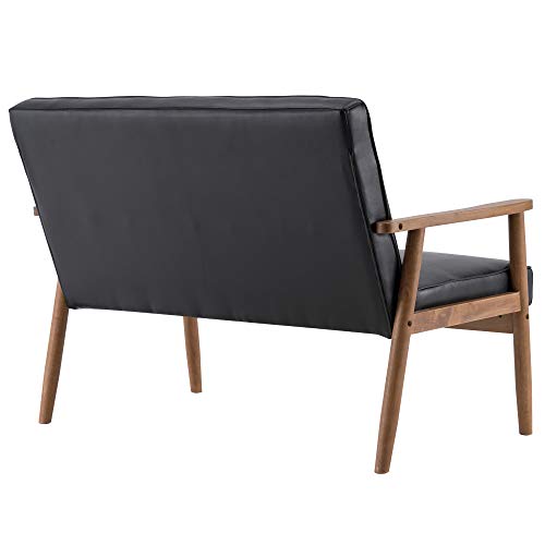 EPOFIT Modern Solid Wood Loveseat Sofa, Upholstered Faux Leather Love Seat, Small Couch 2 Seater with Wooden Arm for Living Room, Bedroom, Small Spaces, Office, Black