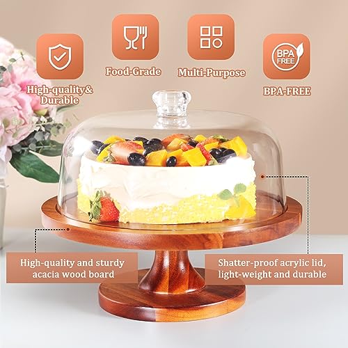 Wehome Cake Stand with Dome,Acacia Wood Cake Stand with Acrylic Lid,Footed Cake Stand Cake Pedestal Stand with Cover,Cake Plate Cake Holder Cake Displaying Stand(Large)