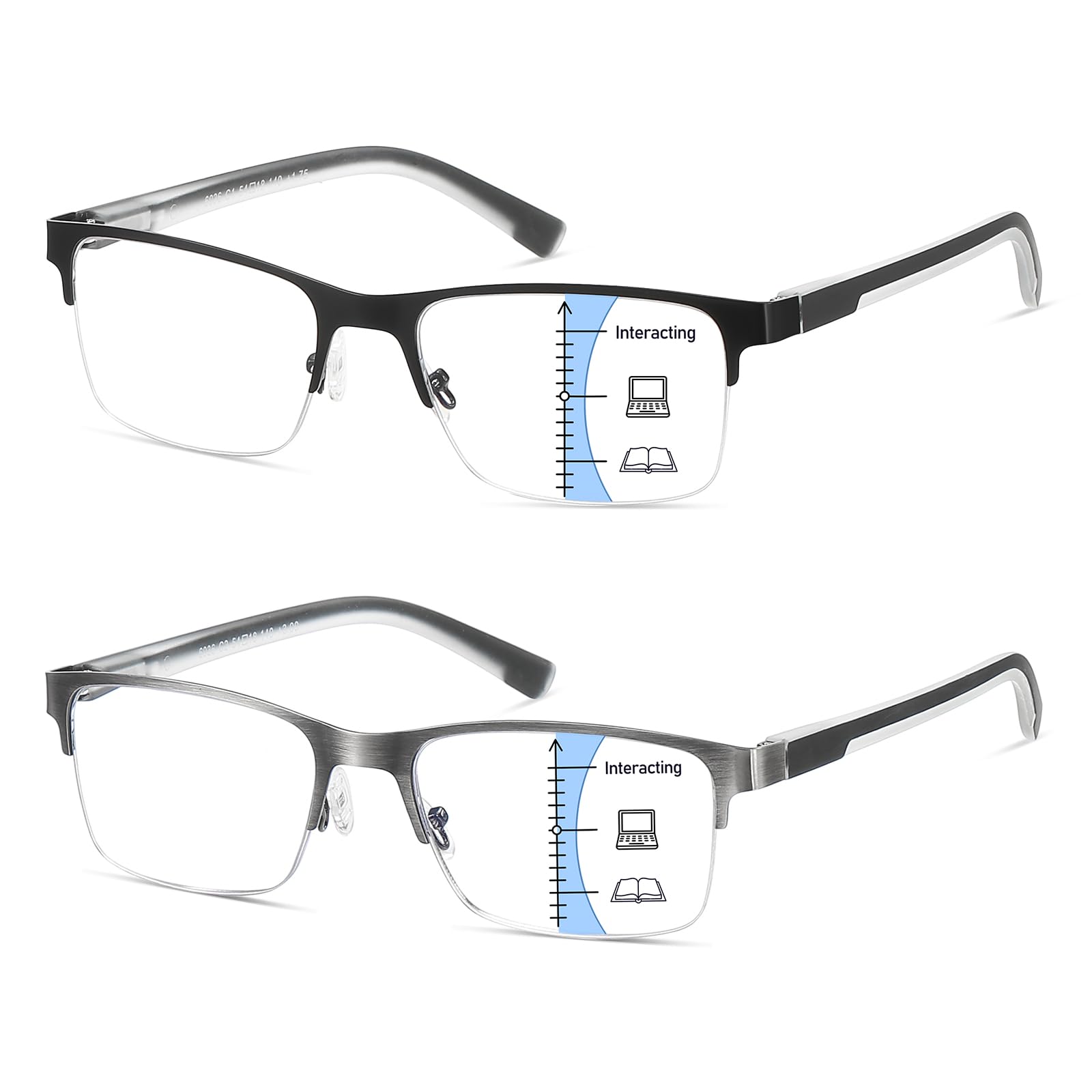 LKEYE Multifocus Reading Glasses Men Progressive Multifocal Blue Light Blocking Computer Reader Half Metal Frame Extra Wide No Line Multi Focus Large Designer Transition Spring Hinge Eyeglasses 1.50x