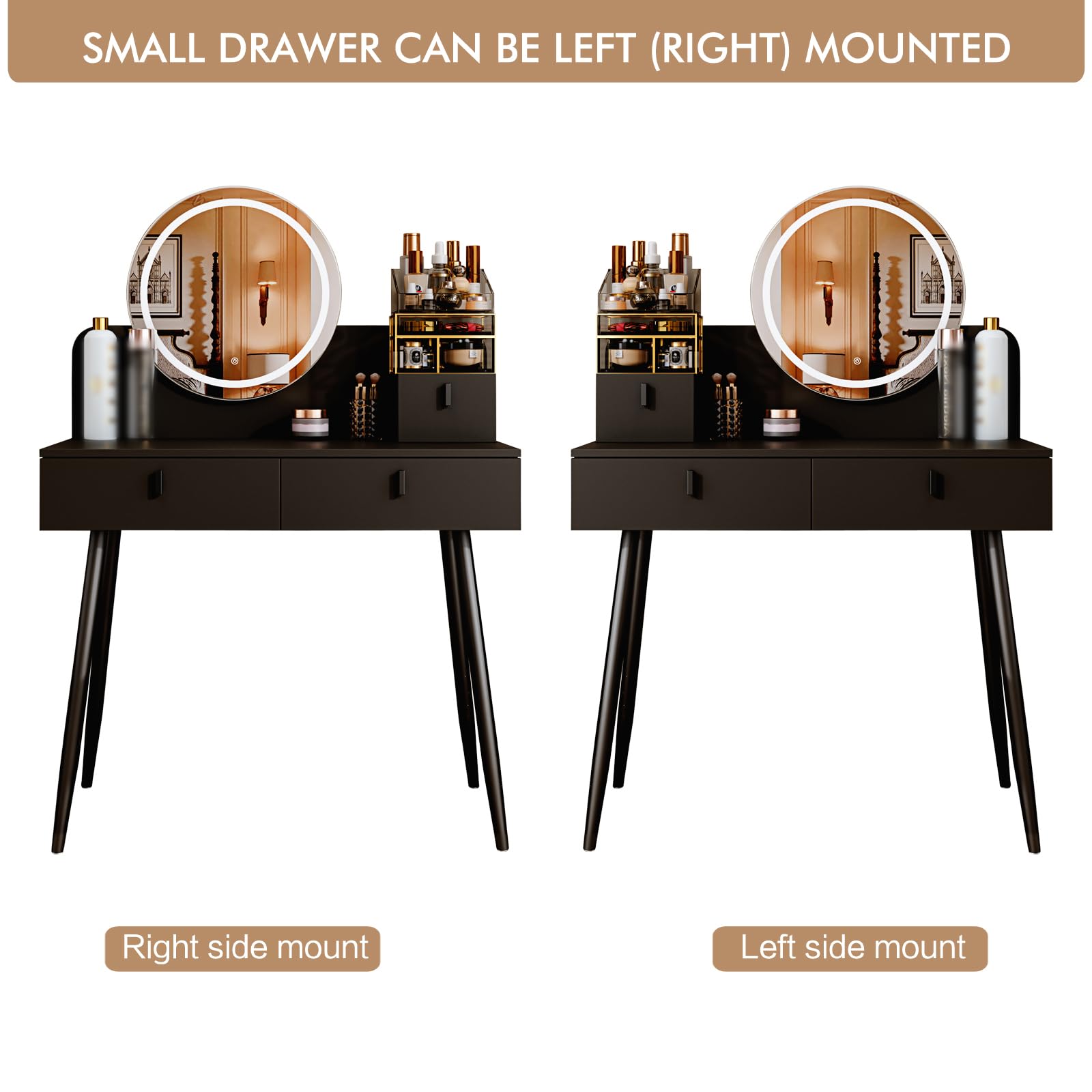 DOLILO 35" Vanity Desk with Mirror and Lights, Makeup Vanity with Lights, 3 Modes Brightness Adjustable, Vanity Mirror with Lights and Table Set with Vanity Stool 3 Sliding Drawers (Black)