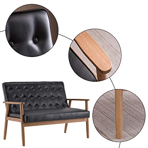 EPOFIT Modern Solid Wood Loveseat Sofa, Upholstered Faux Leather Love Seat, Small Couch 2 Seater with Wooden Arm for Living Room, Bedroom, Small Spaces, Office, Black