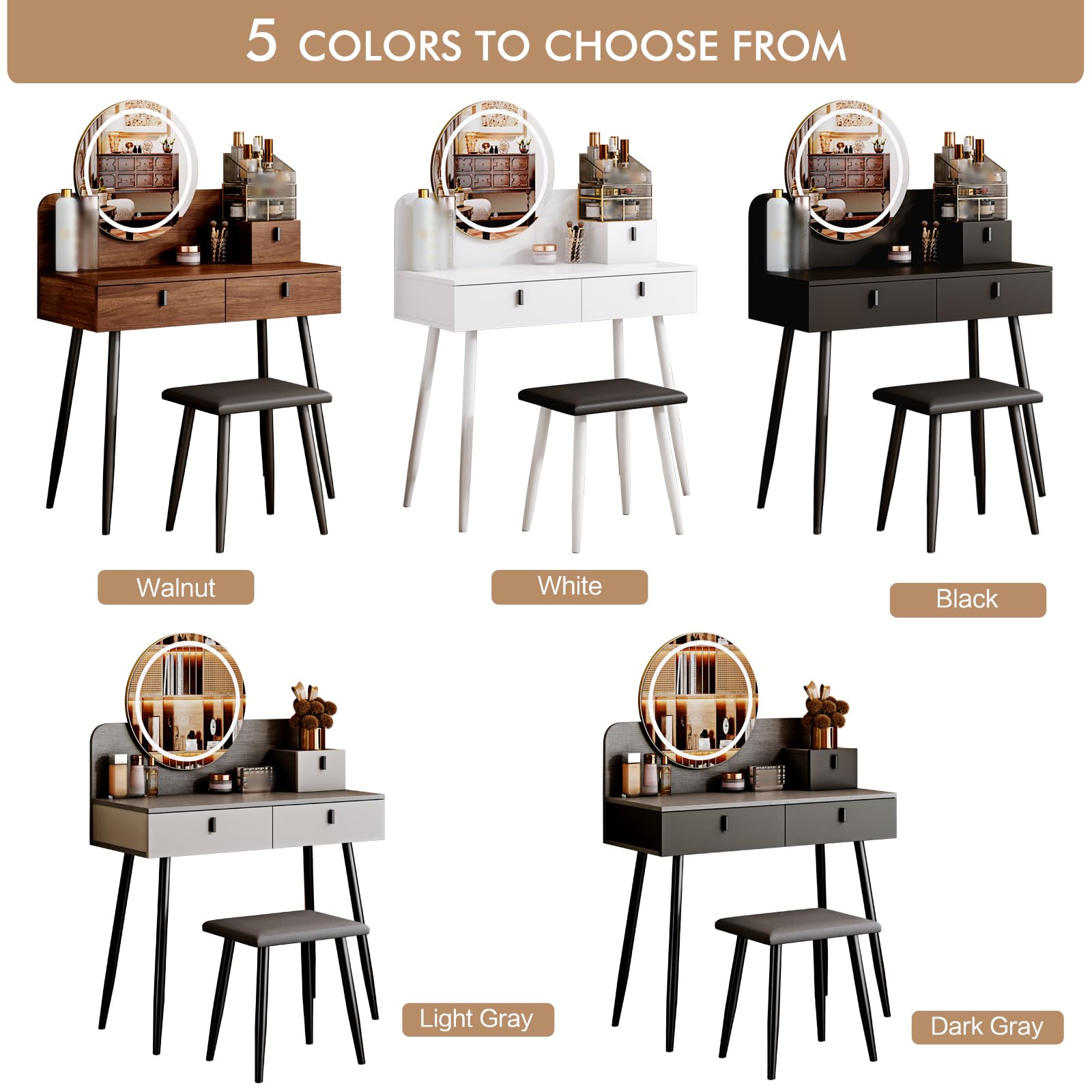 DOLILO 35" Vanity Desk with Mirror and Lights, Makeup Vanity with Lights, 3 Modes Brightness Adjustable, Vanity Mirror with Lights and Table Set with Vanity Stool 3 Sliding Drawers (Black)