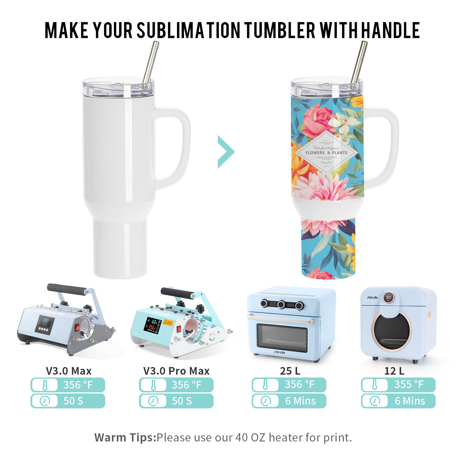 PYD Life 40 OZ Sublimation Tumblers with Removable Handle and Straw Lid Blanks White for 40 OZ Tumbler Heat Press Sublimation Oven Printing 2 Pack