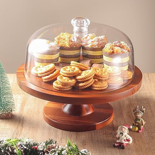 Wehome Cake Stand with Dome,Acacia Wood Cake Stand with Acrylic Lid,Footed Cake Stand Cake Pedestal Stand with Cover,Cake Plate Cake Holder Cake Displaying Stand(Large)
