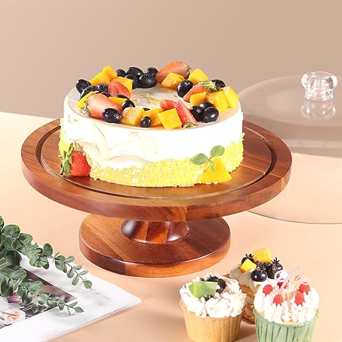 Wehome Cake Stand with Dome,Acacia Wood Cake Stand with Acrylic Lid,Footed Cake Stand Cake Pedestal Stand with Cover,Cake Plate Cake Holder Cake Displaying Stand(Large)