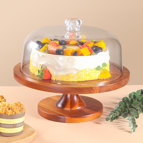 Wehome Cake Stand with Dome,Acacia Wood Cake Stand with Acrylic Lid,Footed Cake Stand Cake Pedestal Stand with Cover,Cake Plate Cake Holder Cake Displaying Stand(Large)