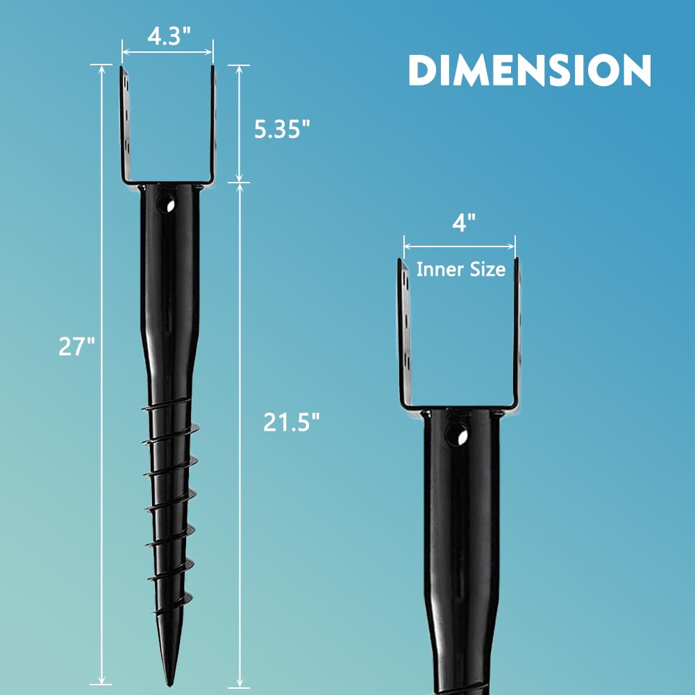 Furnishh No Dig Ground Anchor 4"x4" Post Holder U Model Screw in Post Stake for Mailbox Posts and Fence Posts, 27" Long Post Anchor Spike, Black