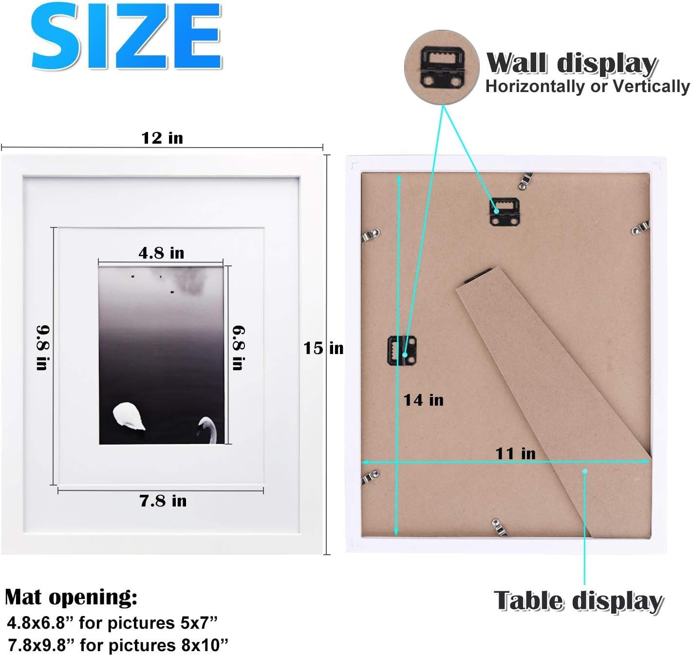 Egofine 11x14 Picture Frames Made of Solid Wood 6 PCS White Covered by Plexiglass - for Table Top and Wall Mounting for Pictures 8x10 or 5x7 with Mat Horizontally or Vertically Display Photo Frame