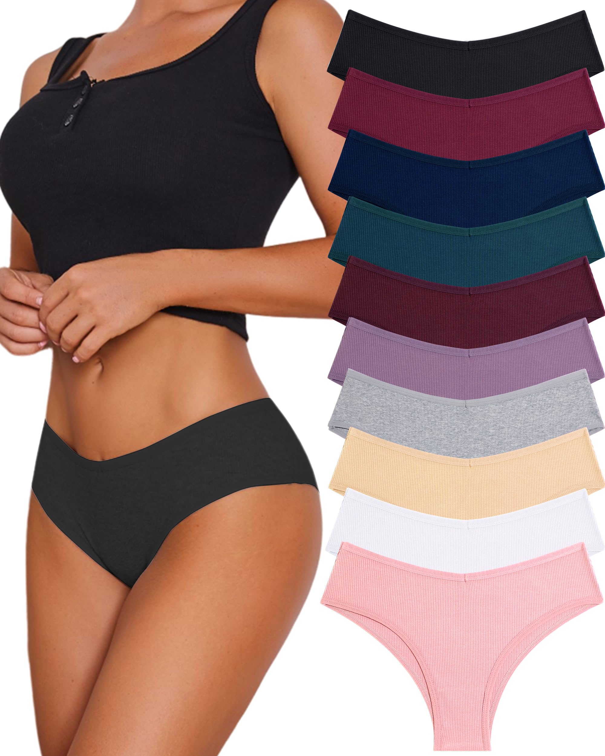 Sth Big 10 Pack Womens Cotton Underwear Sexy Stretch V-Waist Ladies Bikini Panties Low Rise Cotton Cheeky Hipster S-XXL(10A,M)