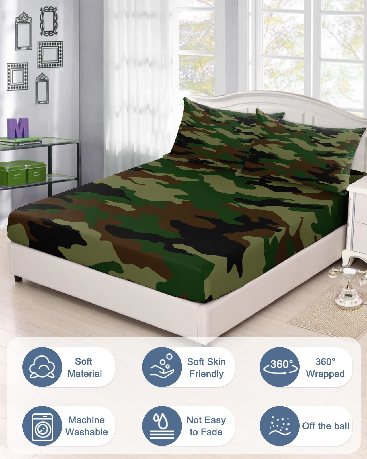 Military Camouflage Forest Camo Fitted Sheet Set for King Size Bed 3 Pieces Bedding Sheets-Deep Pocket Bedsheet Fits Mattress Upto 16",2 Pillow Cases Bedroom Decor American Army