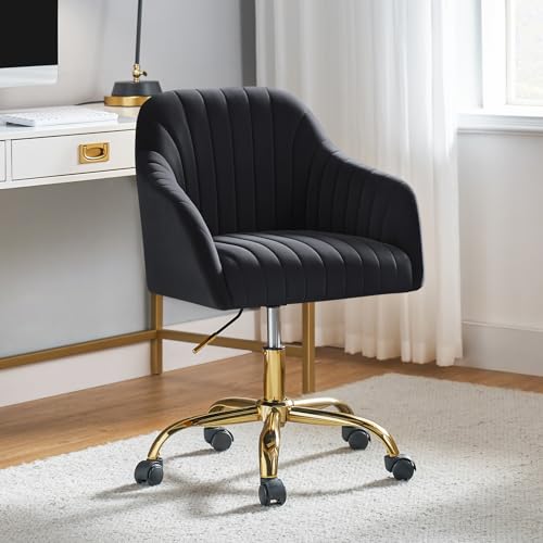 TINA'S HOME Velvet Home Office Desk Chair with Gold Base, Modern Cute Computer Task Chair, Wheels Swivel Height Adjustable Upholstered Vanity Chair for Women Girls, Black