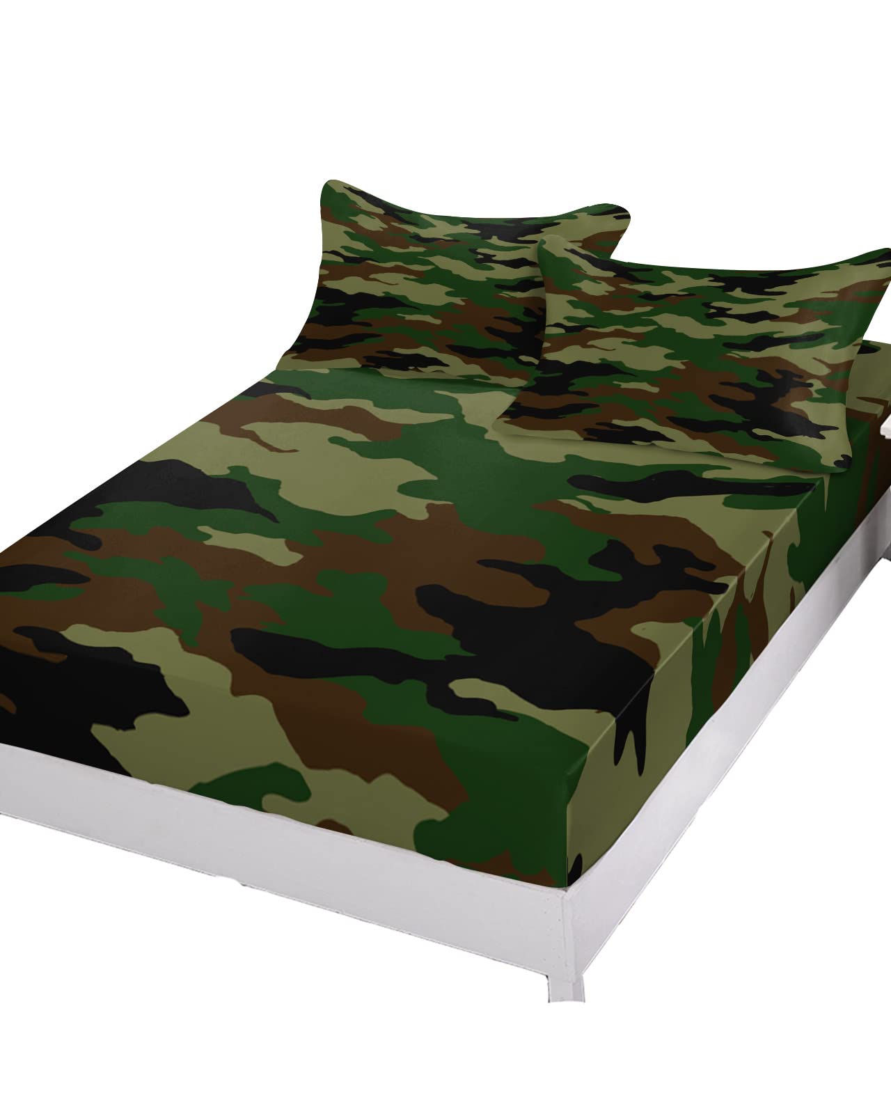 Military Camouflage Forest Camo Fitted Sheet Set for King Size Bed 3 Pieces Bedding Sheets-Deep Pocket Bedsheet Fits Mattress Upto 16",2 Pillow Cases Bedroom Decor American Army