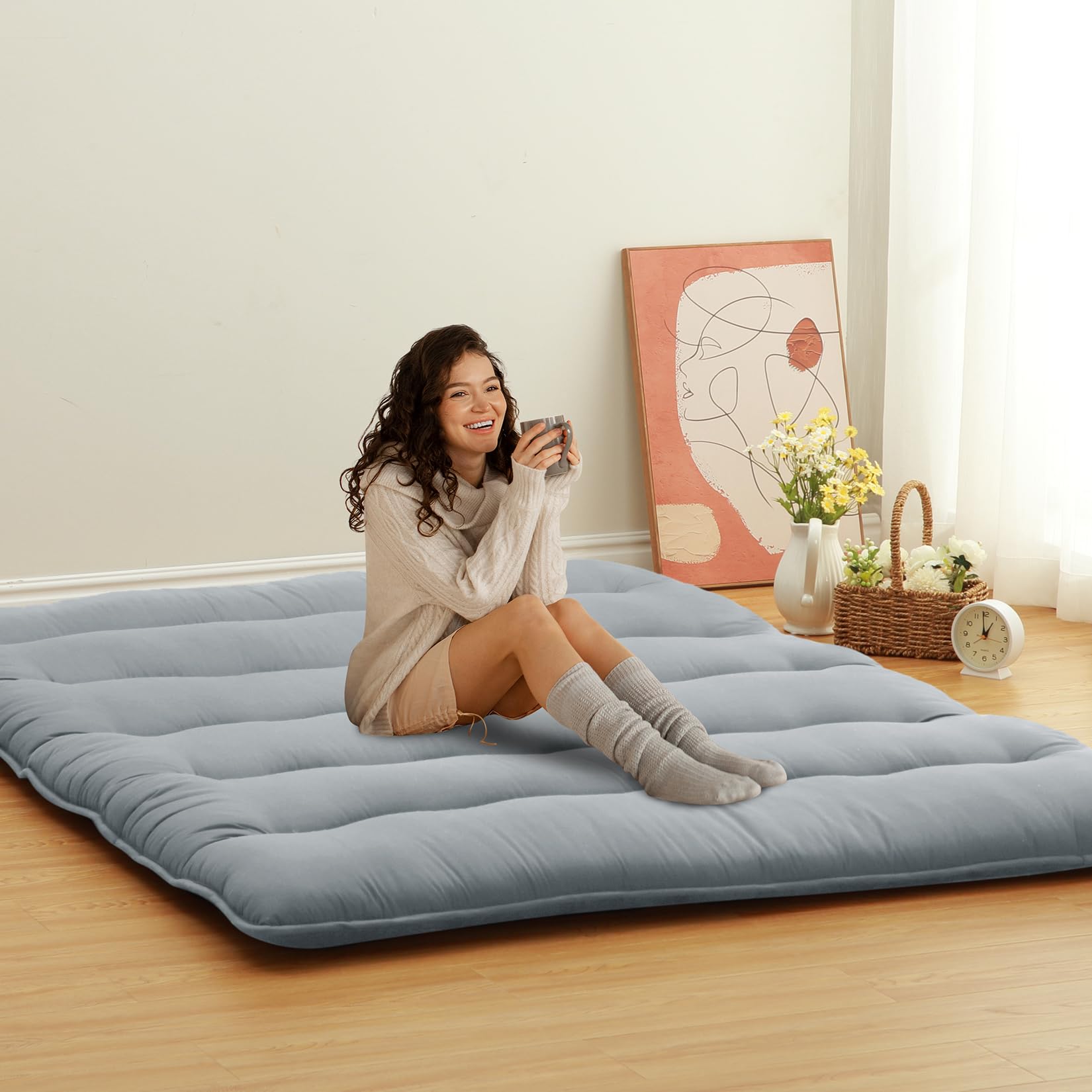 ROYGROW Japanese Futon Mattress Full Size, Floor Mattress for Adults Japanese Futon Floor Mattress Foldable Mattress Sleeping Mattress for Floor, Tatami Mat, Camping Mattress Pad, Wave Grey