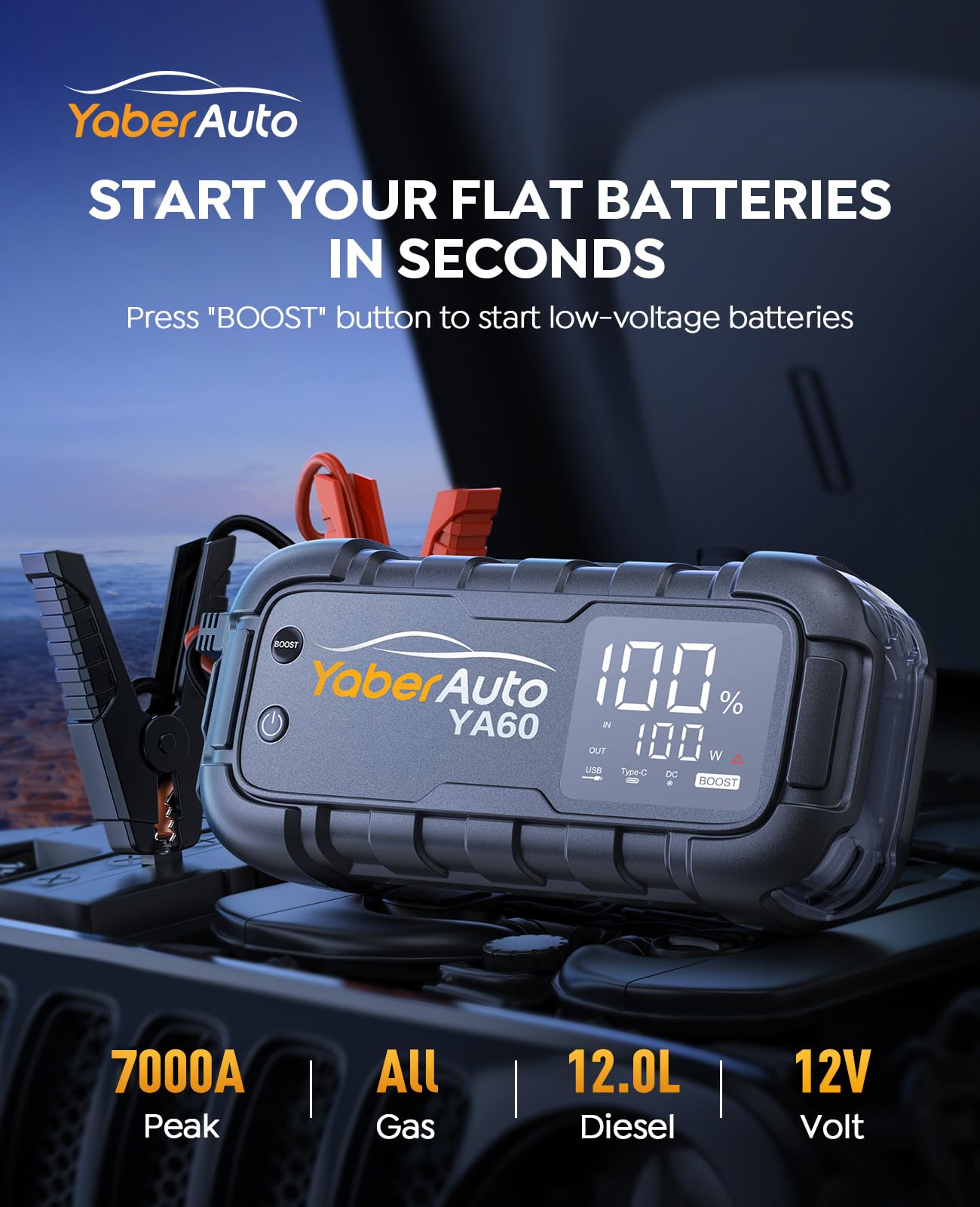 YaberAuto Car Battery Jump Starter 7000A 65W Fast Charging (All Gas/12.0L Diesel) Portable Car Jump Starter Battery Pack, Jump Box Battery Jumper Starter Portable Jumper Cables, 150W DC, 600LM Light