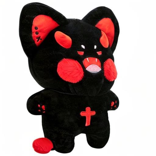PEACH CAT Cute Cat Plush Pillow Kitten Plushie Devil Cat Stuffed Animal for Kids Black and Red 15.7"