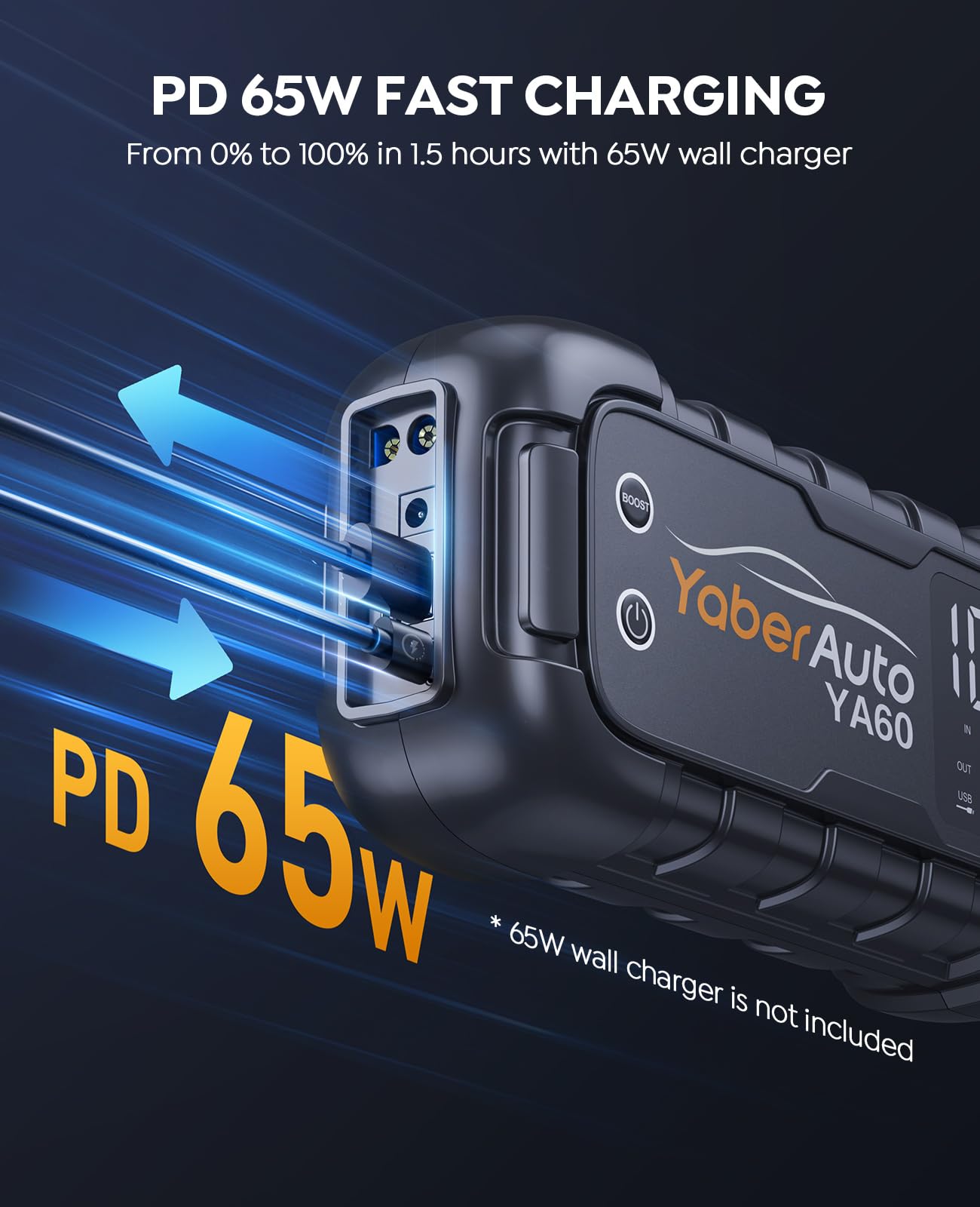 YaberAuto Car Battery Jump Starter 7000A 65W Fast Charging (All Gas/12.0L Diesel) Portable Car Jump Starter Battery Pack, Jump Box Battery Jumper Starter Portable Jumper Cables, 150W DC, 600LM Light