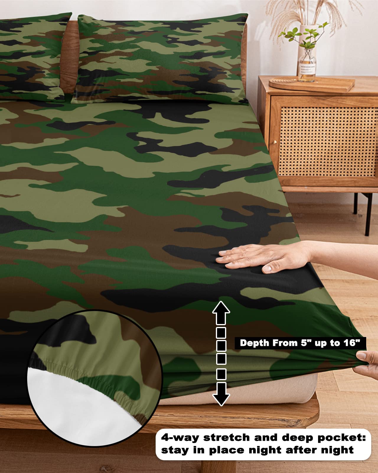 Military Camouflage Forest Camo Fitted Sheet Set for King Size Bed 3 Pieces Bedding Sheets-Deep Pocket Bedsheet Fits Mattress Upto 16",2 Pillow Cases Bedroom Decor American Army