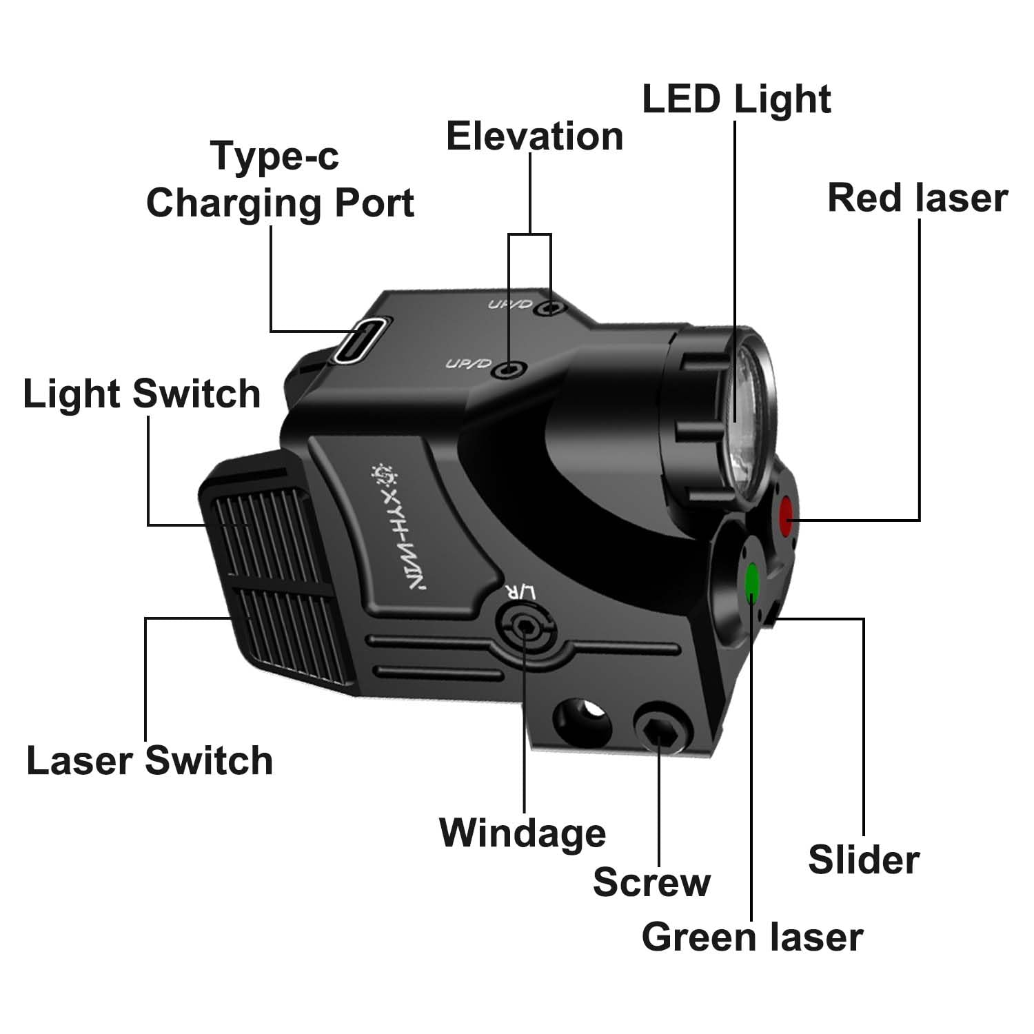 XYH-Win 600 Lumens Weapon Tactical Light Green/Red Laser Sight Combo, Pistol Light with Strobe/Constant Function, Dual-Color Laser Sight,USBC Rechargeable,Fits Standard Picatinny/Glock Rails