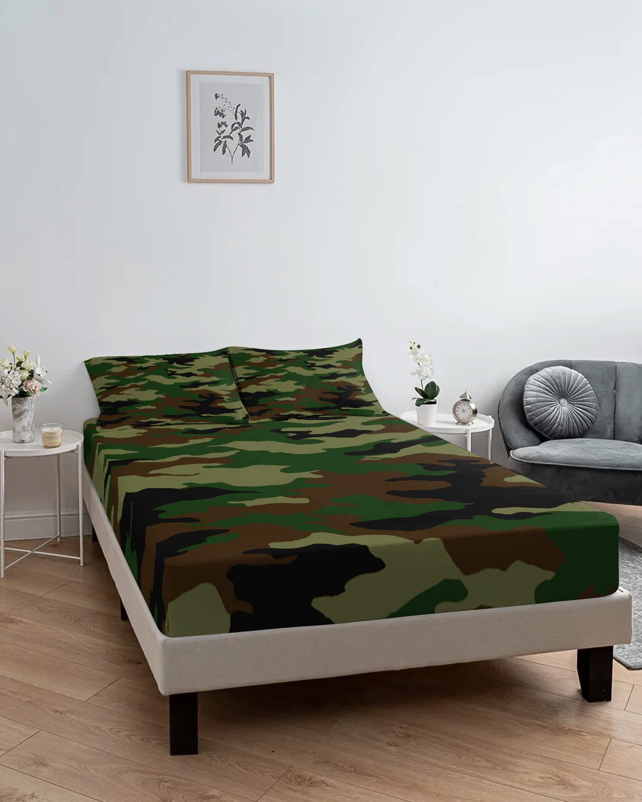 Military Camouflage Forest Camo Fitted Sheet Set for King Size Bed 3 Pieces Bedding Sheets-Deep Pocket Bedsheet Fits Mattress Upto 16",2 Pillow Cases Bedroom Decor American Army