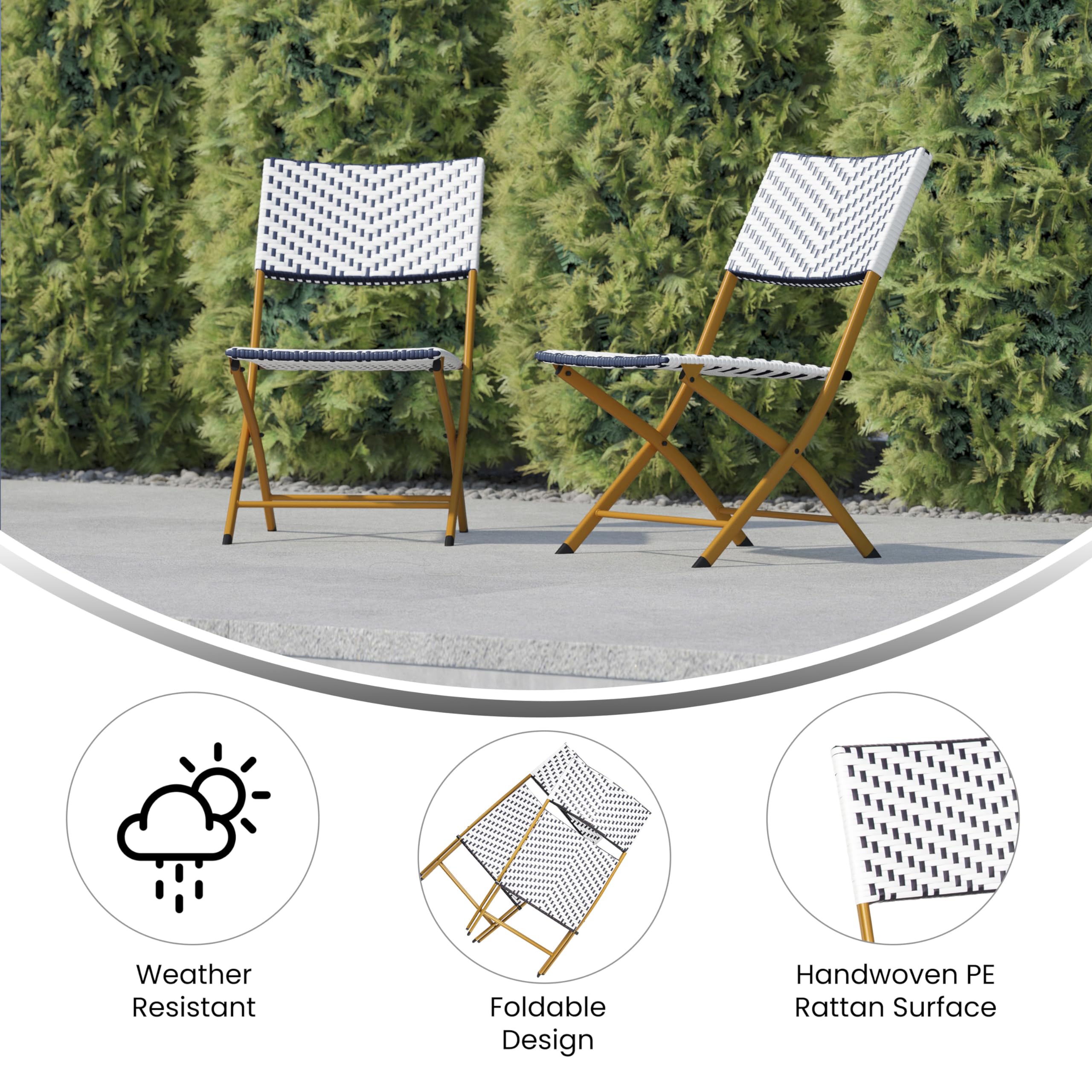 EMMA + OLIVER Ciel Two Piece Folding Bistro Chairs - Navy and White PE Rattan - Natural Finish Metal Frames - Indoor/Outdoor Use