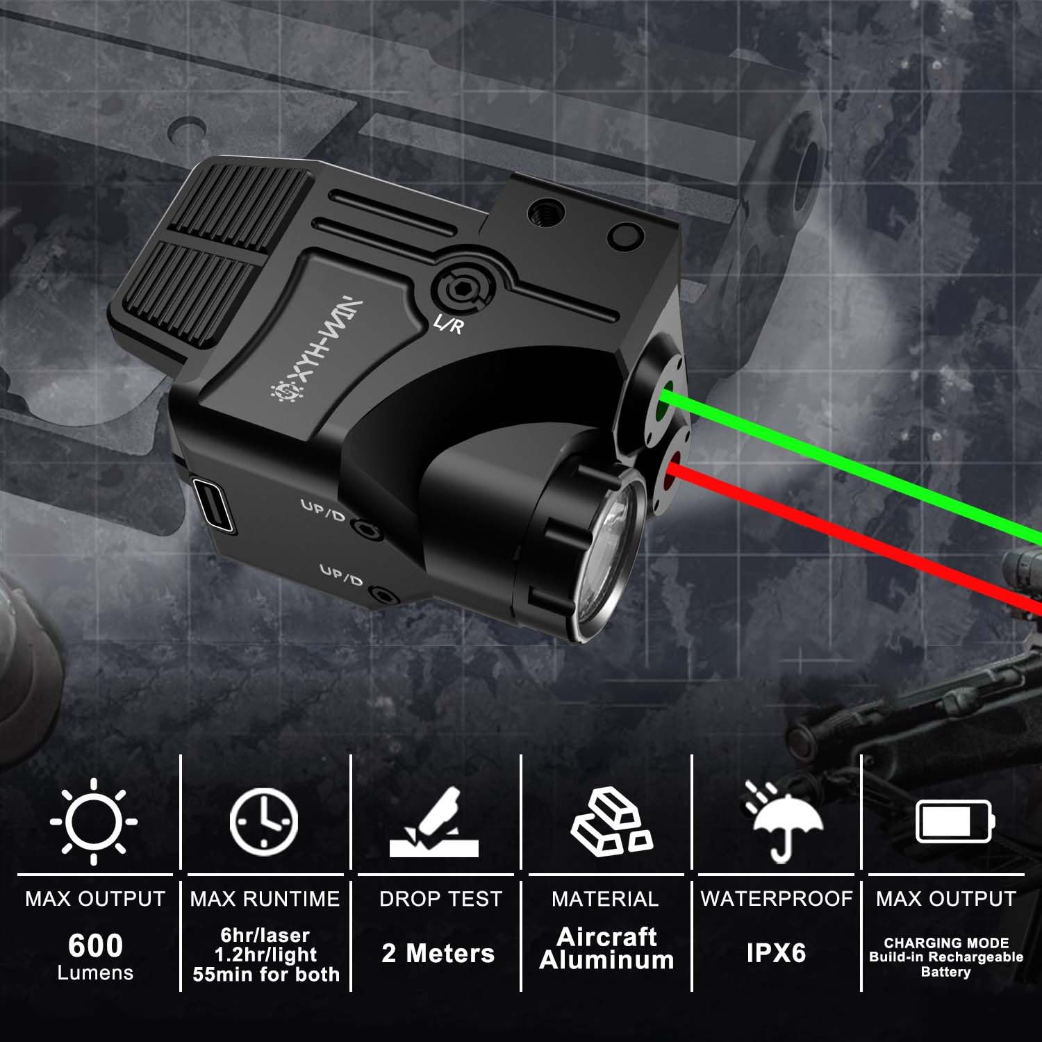 XYH-Win 600 Lumens Weapon Tactical Light Green/Red Laser Sight Combo, Pistol Light with Strobe/Constant Function, Dual-Color Laser Sight,USBC Rechargeable,Fits Standard Picatinny/Glock Rails