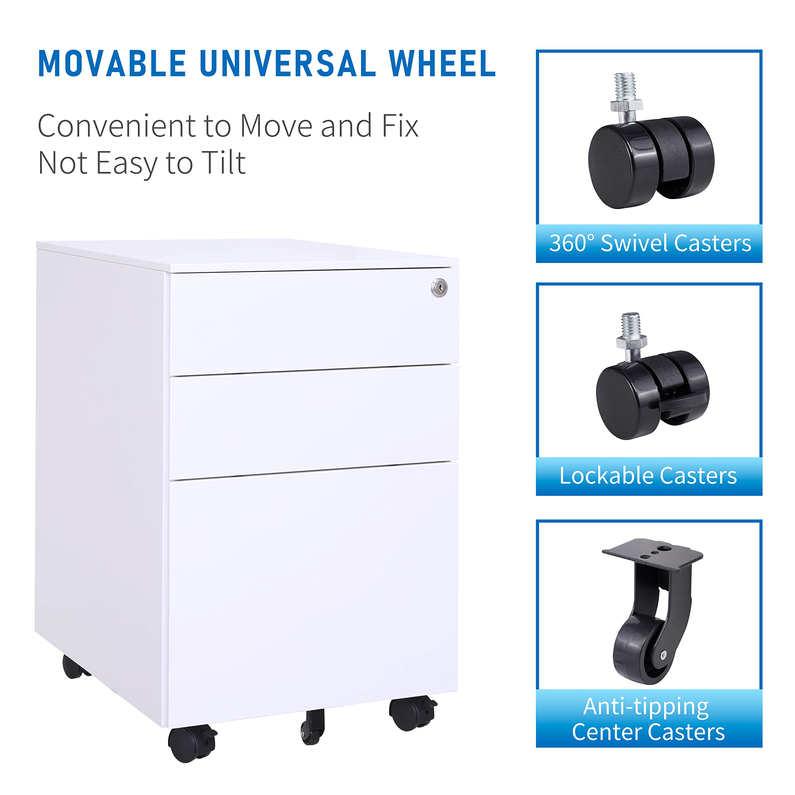 Majnesvon 3 Drawer Mobile File Cabinet with Lock Steel File Cabinet for Legal/Letter/A4/F4 Size, Fully Assembled Include Wheels, Home/Office Design, White+metal