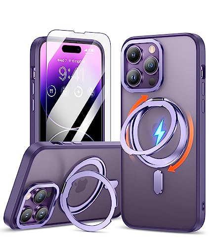 Caka 360° Rotatable Ring for iPhone 14 Pro Max Phone Case with Screen Protector & Kickstand Magnetic Ring Holder Protective Matte Case for iPhone 14 Pro Max 6.7 inches - Deep Purple