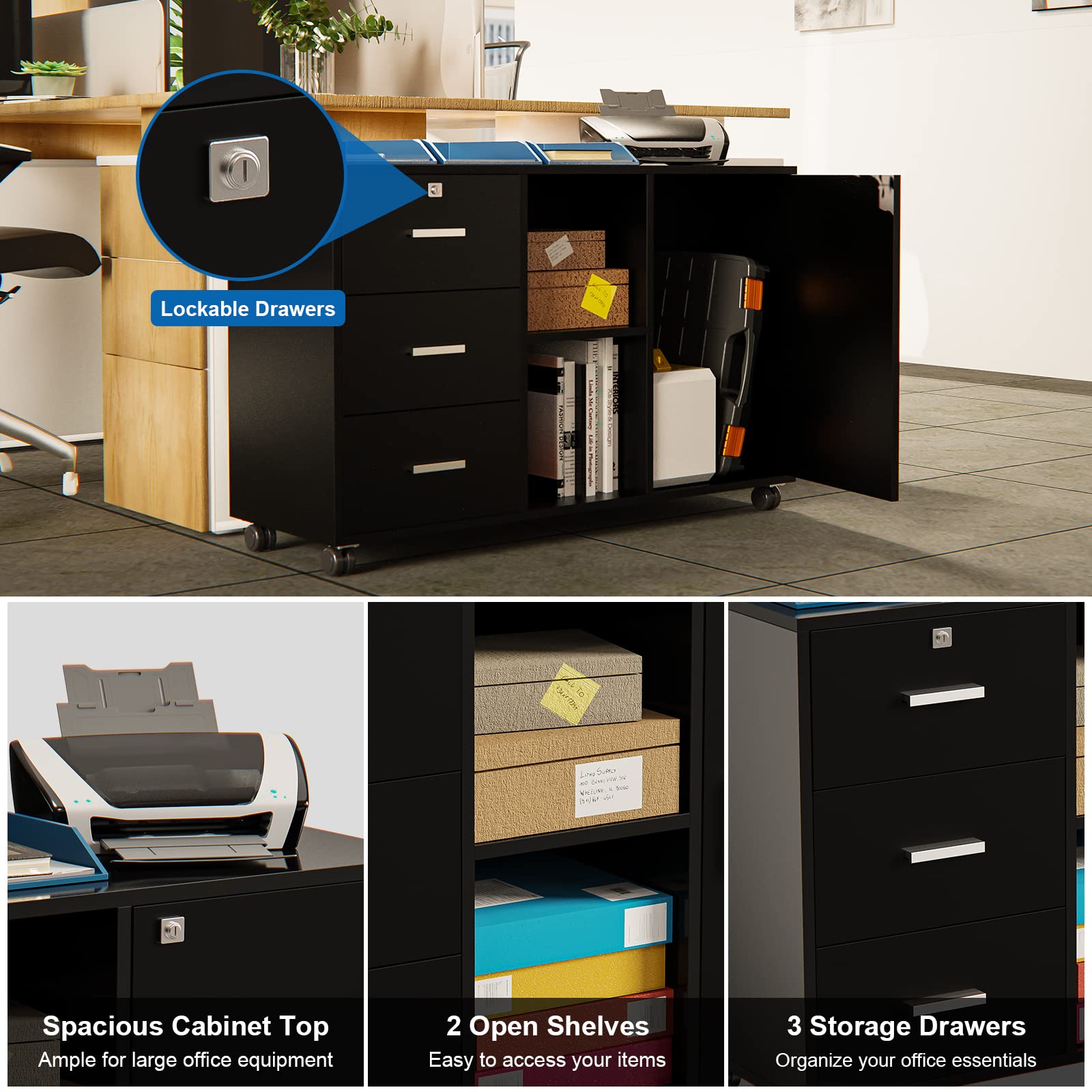 ZIAERKOR Mobile File Cabinet with Lock, Lateral File Cabinets with 3 Drawer Office Filing Cabinet Home Office Organization and storageCabinet Printer Stand with Open Storage for Home Office, Black