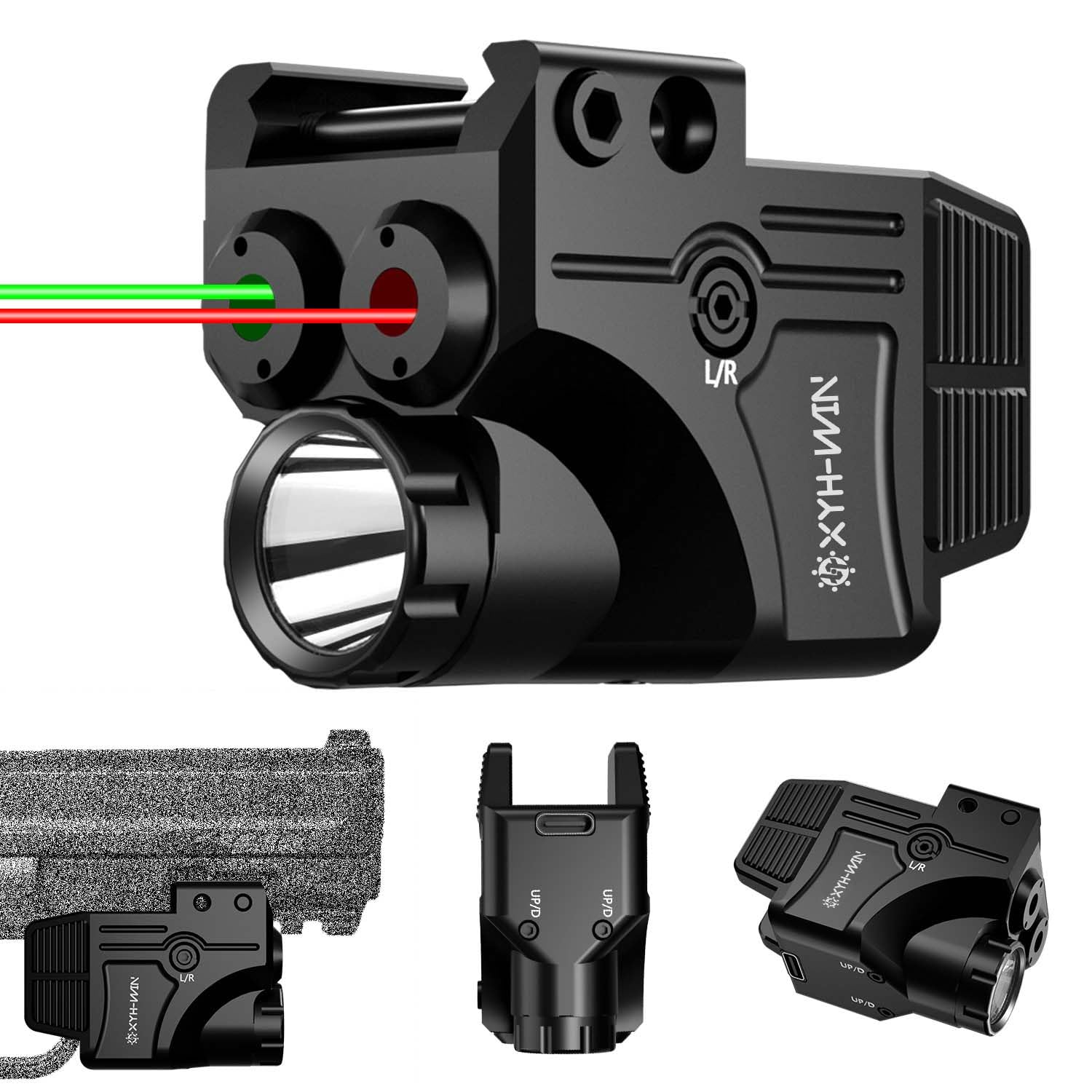 XYH-Win 600 Lumens Weapon Tactical Light Green/Red Laser Sight Combo, Pistol Light with Strobe/Constant Function, Dual-Color Laser Sight,USBC Rechargeable,Fits Standard Picatinny/Glock Rails