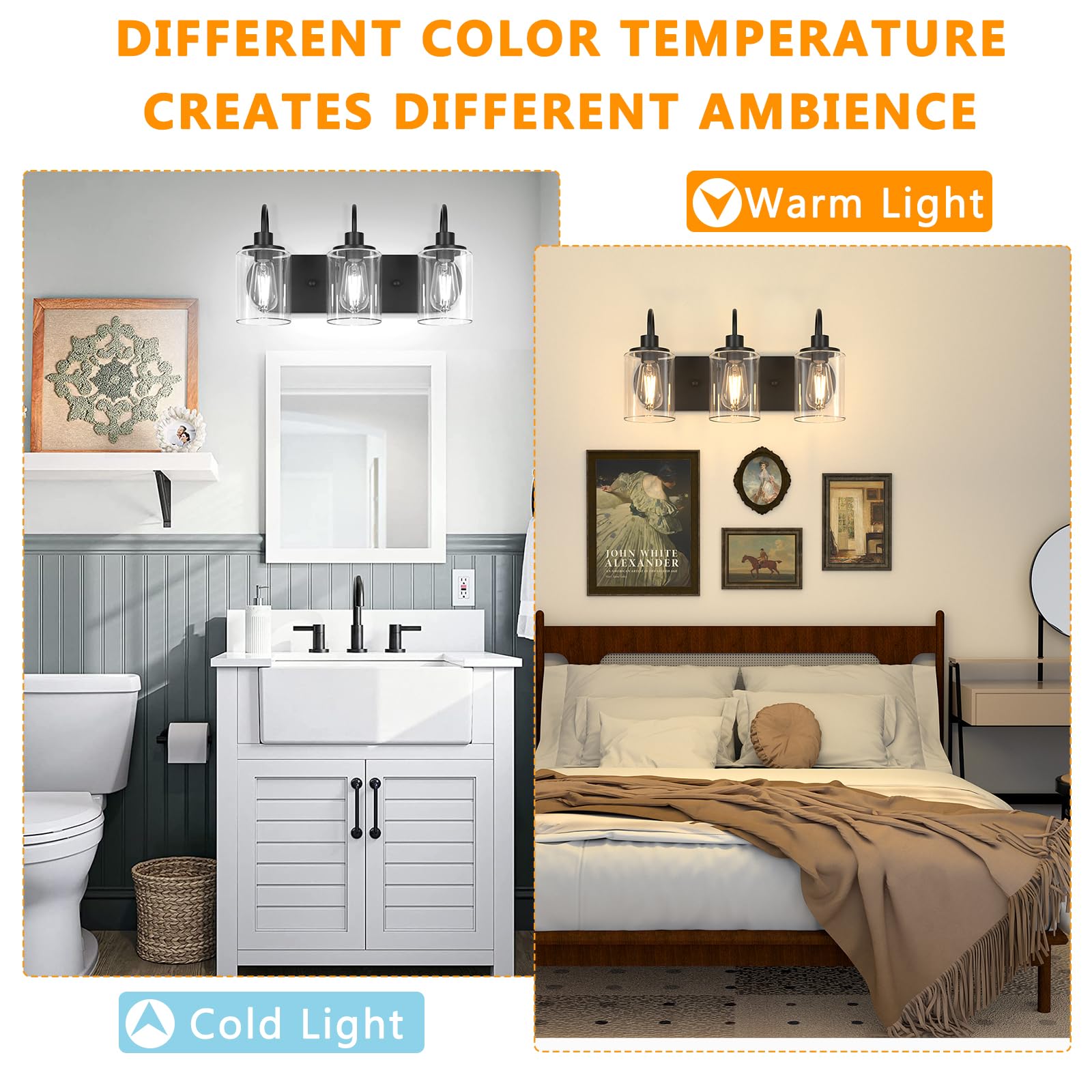 Baocuz 3-Light Bathroom Light Fixtures, Black Vanity Light Farmhouse Wall Sconces with Clear Glass Shade, Modern Bathroom Wall Lamp for Mirror Bedroom Hallway Living Room Cabinet