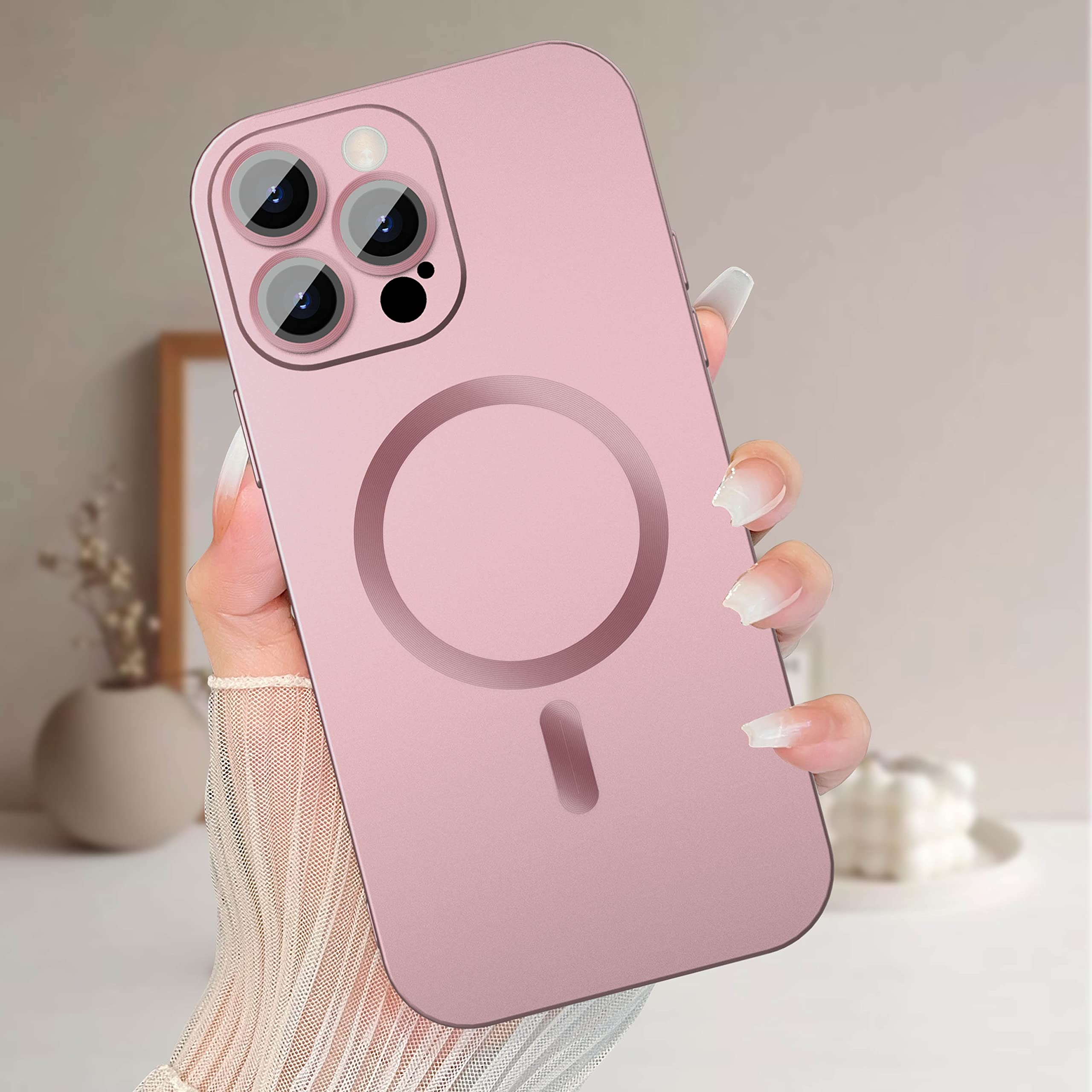 Womdakon Magnetic Case for iPhone 14 Pro Max Phone Case for Women, [Adaptation with Magsafe] Matte Luxury Soft Metallic Luster Design for iPhone 14 Pro Max 6.7'' with Camera Protector-Pink