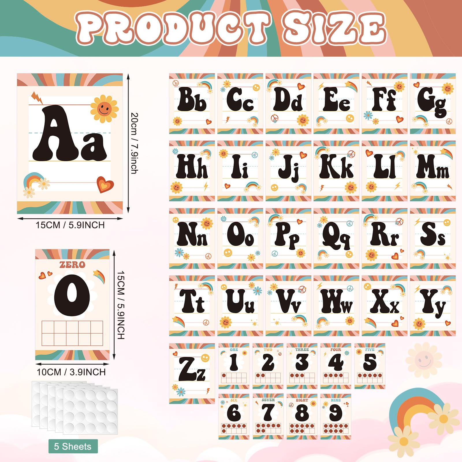 36Pcs Retro Classroom Alphabet Number Bulletin Board Set, Groovy ABC Alphabet Card and 0-9 Number Posters Decor with Glue Point for Preschool Kindergarten Classroom and Teachers Wall Decorations