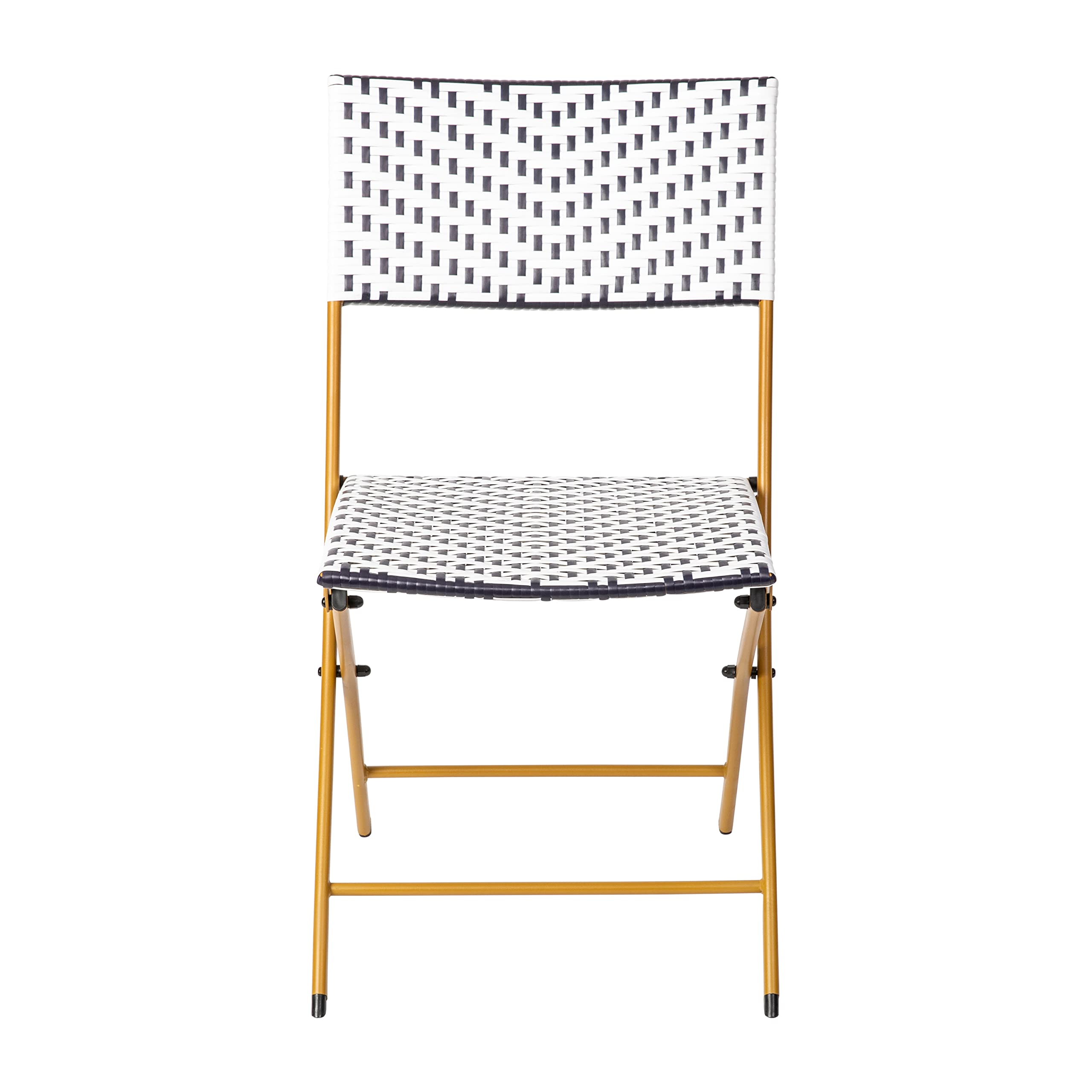 EMMA + OLIVER Ciel Two Piece Folding Bistro Chairs - Navy and White PE Rattan - Natural Finish Metal Frames - Indoor/Outdoor Use