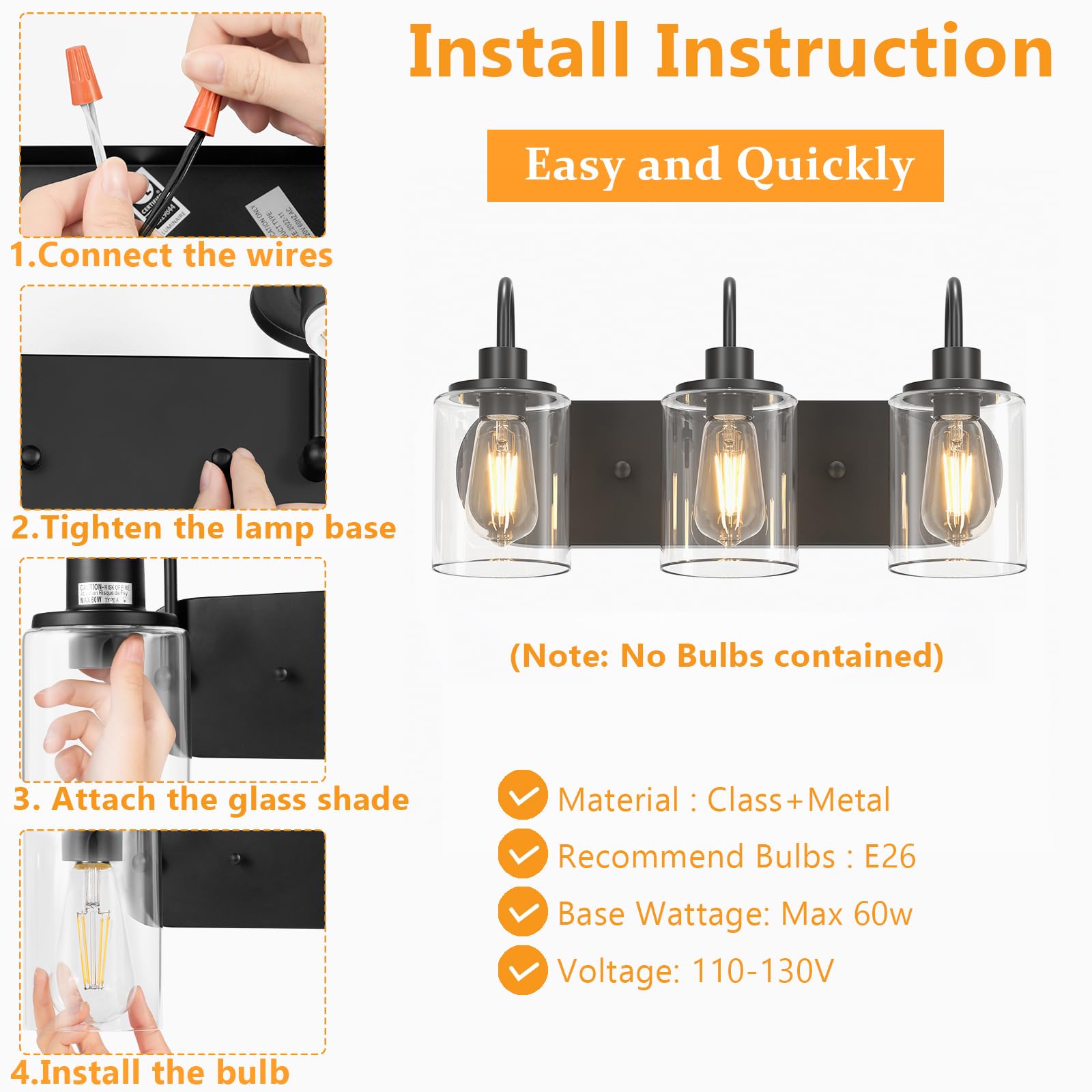 Baocuz 3-Light Bathroom Light Fixtures, Black Vanity Light Farmhouse Wall Sconces with Clear Glass Shade, Modern Bathroom Wall Lamp for Mirror Bedroom Hallway Living Room Cabinet