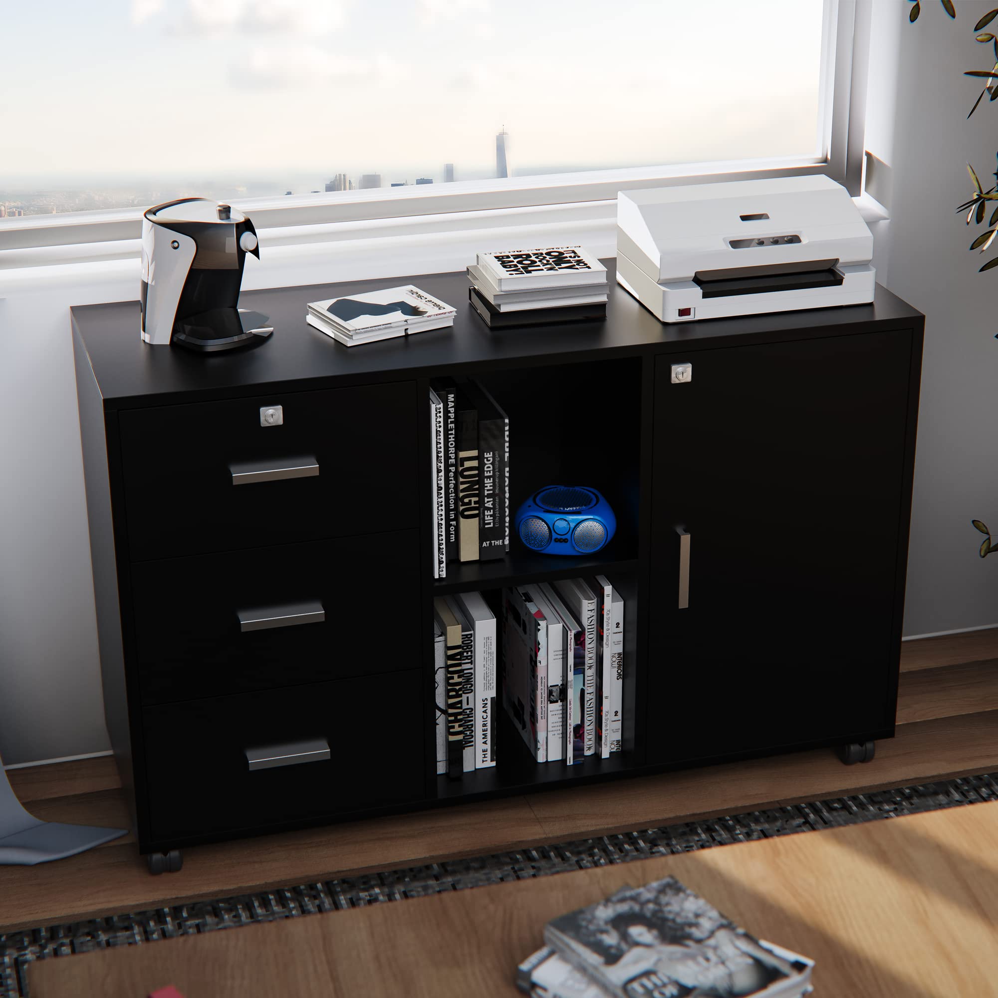 ZIAERKOR Mobile File Cabinet with Lock, Lateral File Cabinets with 3 Drawer Office Filing Cabinet Home Office Organization and storageCabinet Printer Stand with Open Storage for Home Office, Black