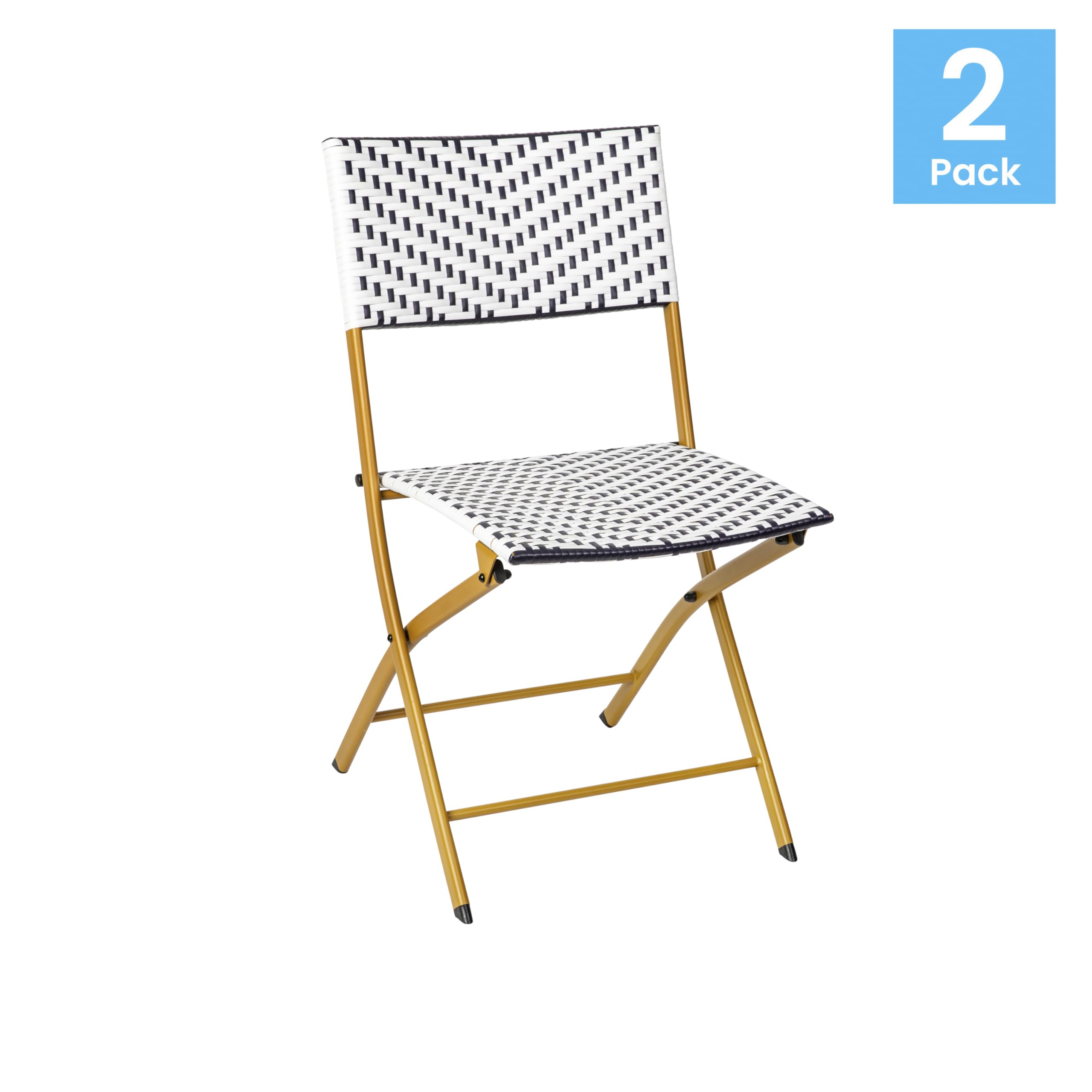 EMMA + OLIVER Ciel Two Piece Folding Bistro Chairs - Navy and White PE Rattan - Natural Finish Metal Frames - Indoor/Outdoor Use