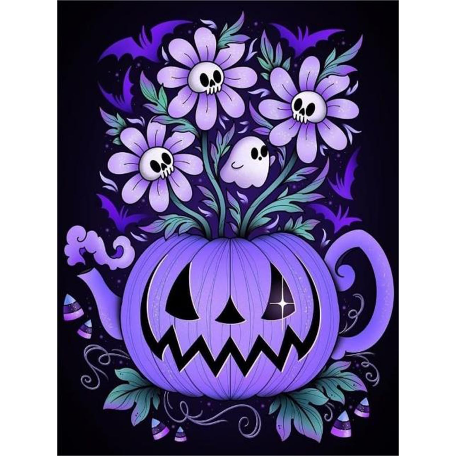 RICUVED Diamond Art, Halloween Pumpkin Diamond Art Kits for Adults Full Round Drill, DIY 5D Skeleton Flowers Diamond Dots Painting Arts and Crafts Gift Home Wall Decor 12x16Inch