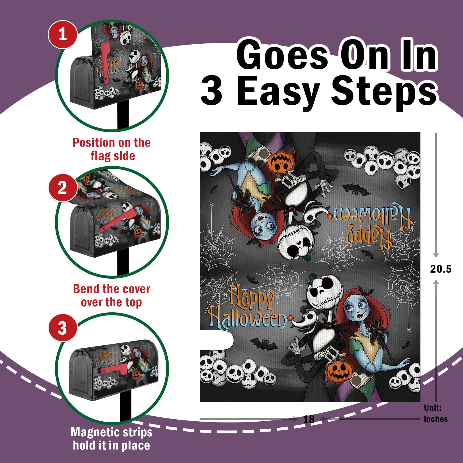 FBCOO Happy Halloween Mailbox Cover Magnetic Standard Size 20.5" x 18", Xmas Jack Sally Skulls Decorative Post Letter Box Decor, Spider Web Funny Holiday Garden Outdoor Decoration